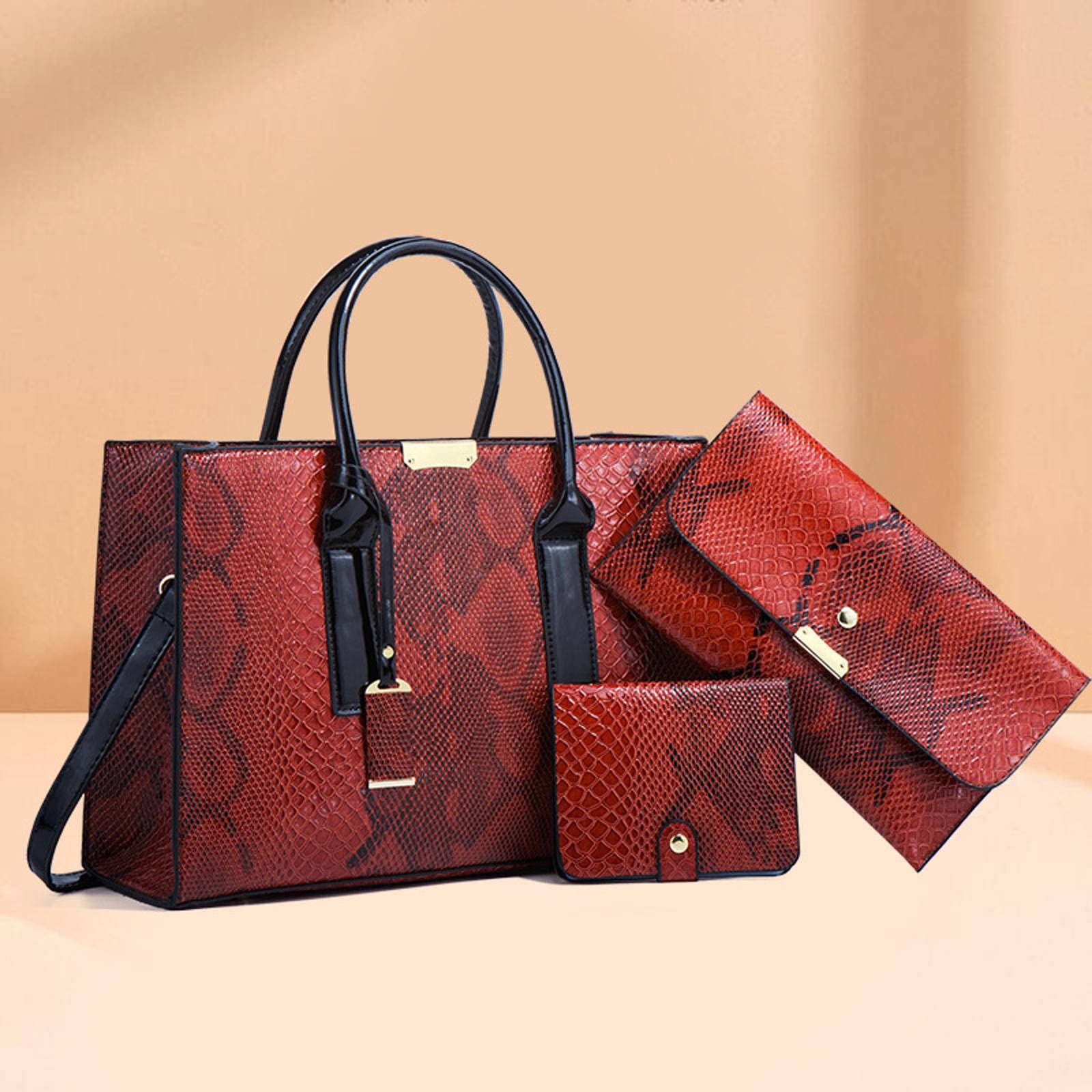 NC Snakeskin Pattern Female Bag Fashion Trend Diagonal Handbag Retro Large-Capacity Four-Piece Bag, Red