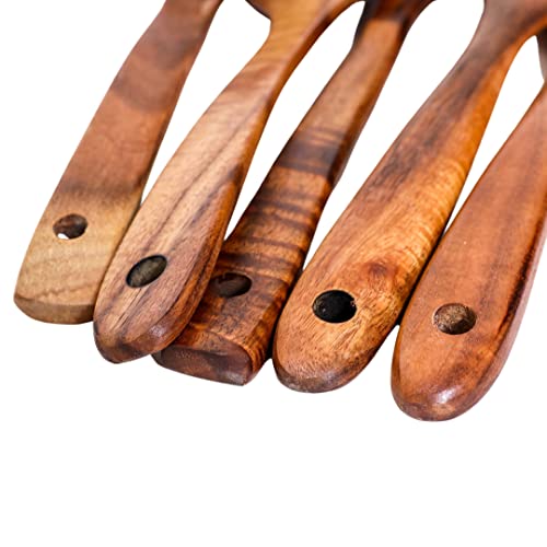 5 Piece Teak Wooden Cooking Spoons Set and Wooden Holder for Storage, Includes Spatulas, Ladle, Strainer, and Mixing Spoon