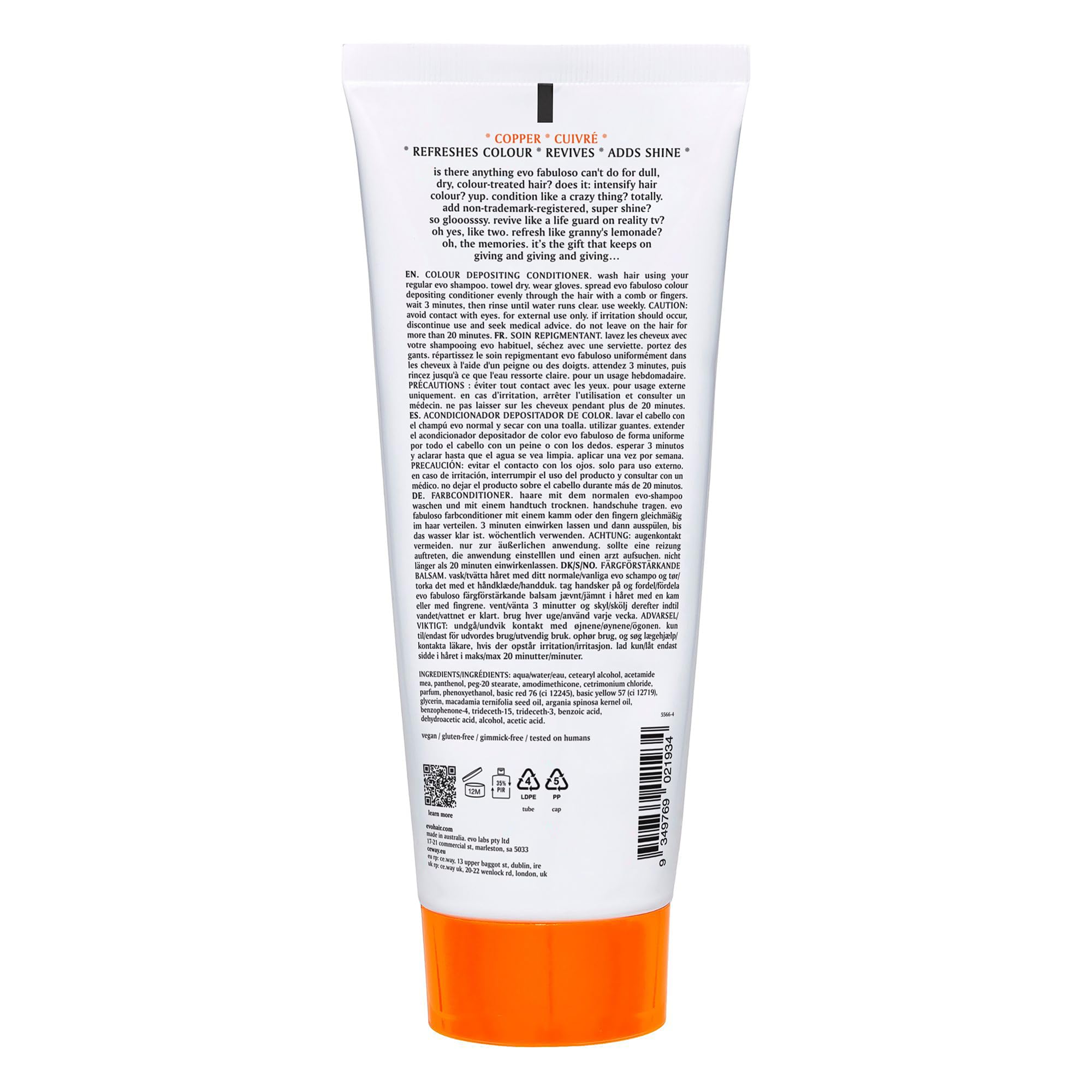 Evo Fabuloso Copper Color Depositing Treatment - Color-Treated Hair Conditioner - Helps Maintain Color Depth, Tone & Shine - 220ml / 7.5fl.oz