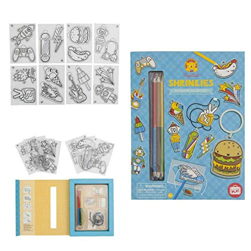 Big Game Toys~Ultimate Shrinkies Shrinky Art Shrink Film Kit Boy Dinks Zipper Pull Keychain Space Ship, Skate Boards, Robots, Guitar, Ice Cream