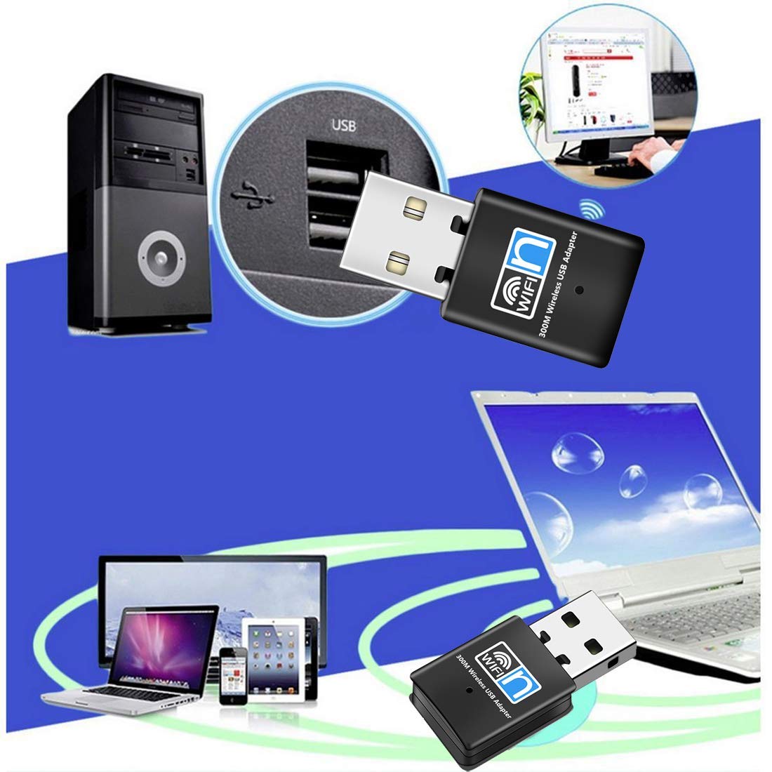 XVZ USB WiFi Adapter, 300mbps Dual Band 2.4G Wireless Adapter, Mini Wireless Network Card WiFi Dongle for Laptop/Desktop/PC, Support Windows10/8/8.1/7/Vista/XP/2000, Mac OS X 10.6-10.14,Linux
