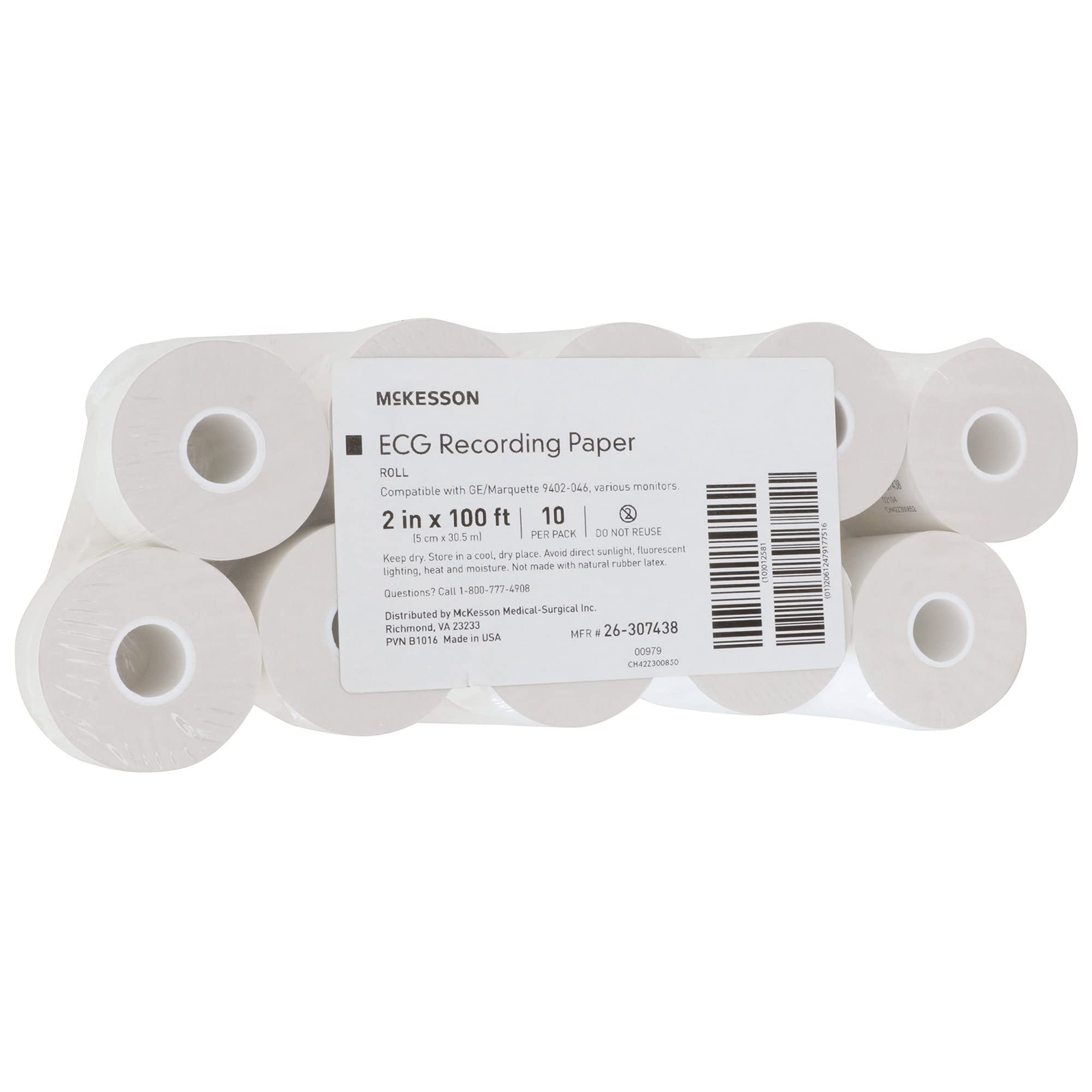 McKesson ECG Recording Paper, White Diagnostic Thermal Paper, 2 in x 100 ft, 10 Count, 1 Pack