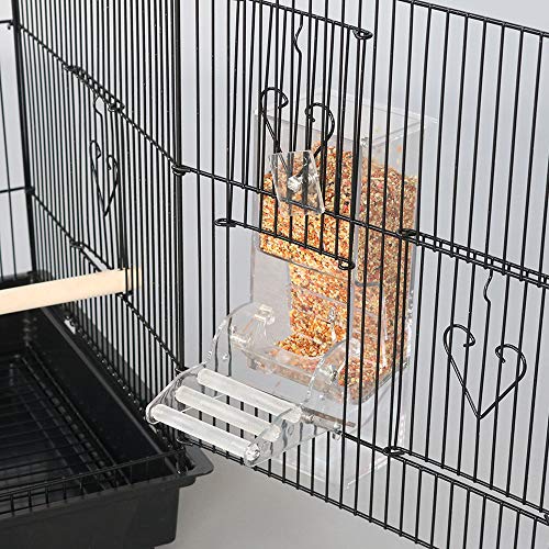 Automatic Bird Seed Feeder with Perch, Free Install Acrylic Transparent Parrot Foraging Feeders Cage Accessories for Small and Medium Parrots Parakeets Cockatiels Lovebirds Sun Conures Caique Finches