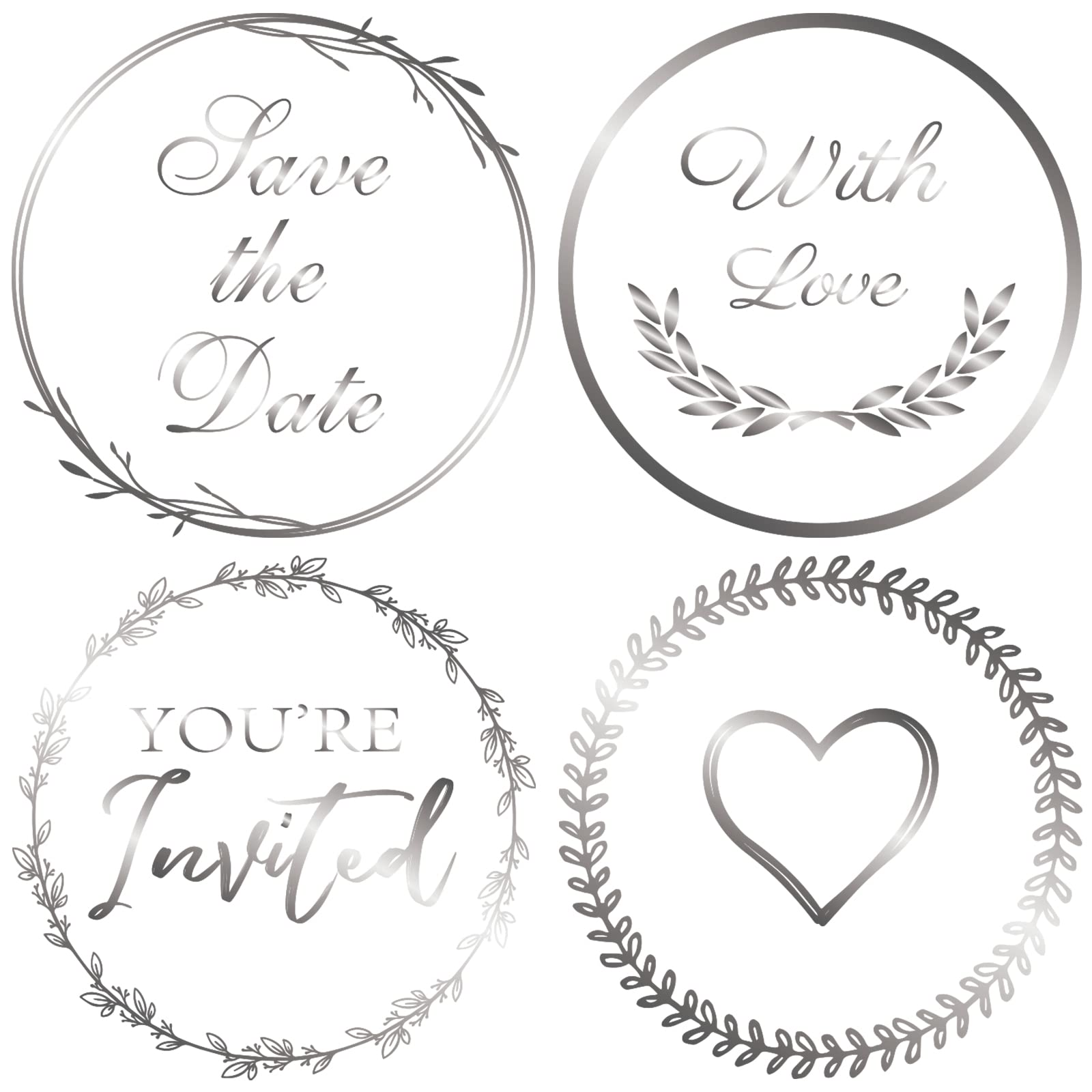 400 Pcs Wedding Envelope Seal Stickers, 4 Style Clear Foil Save The Date Stickers Foiled Silver Wedding Stickers for Invitation, 1.5 inch