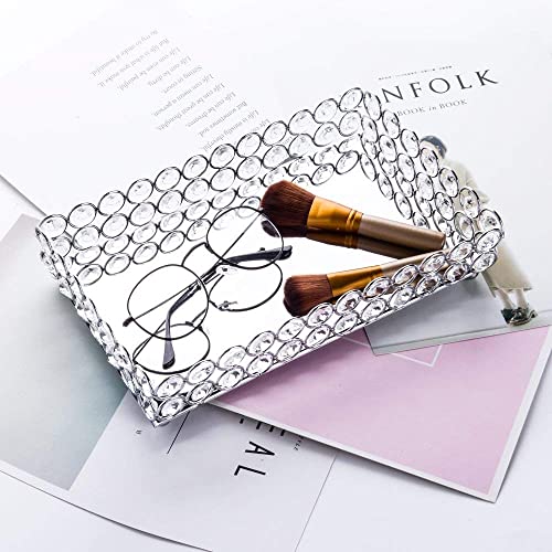 Feyarl 10 Inch Crystal Cosmetic Tray Rectangle Vanity Tray Makeup Jewelry Trinket Organizer Mirror Decorative Tray Perfume Skin Care Organizer Christmas Party Coffee Table(Silver)