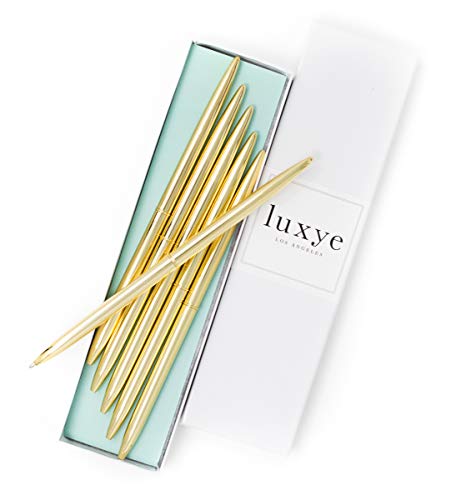 Gold Pens with Black Ink | Luxury Ballpoint Gold Pen Set of 6 in Glossy White Gift Box | Gold Office Supplies for Women Men - Slim Nice Pens for Writing (Gold/Black Ink)