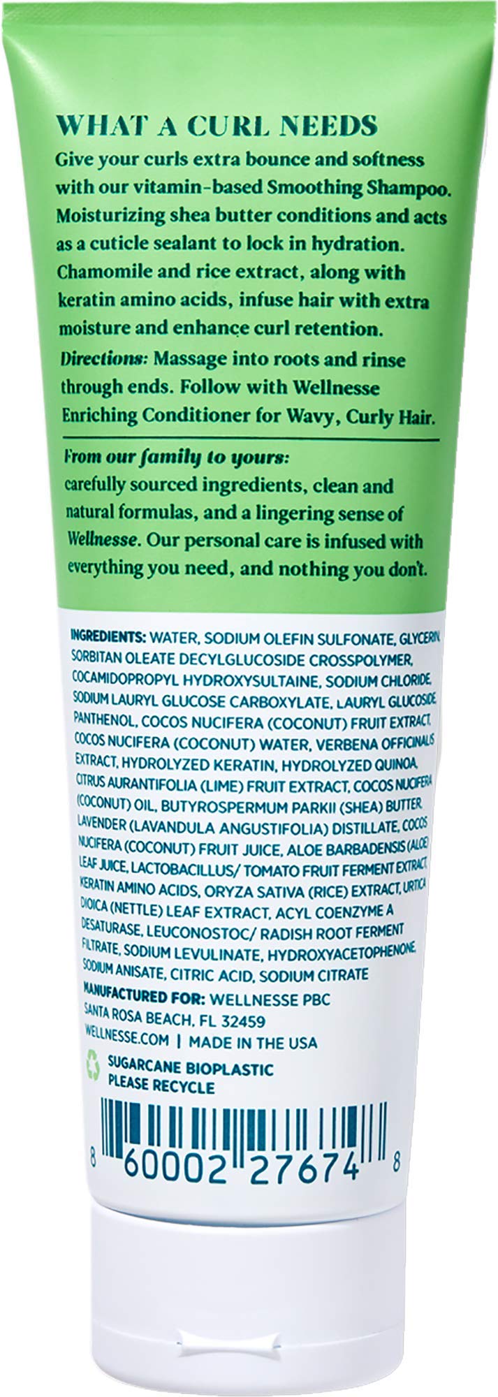 Wellnesse: Smoothing Shampoo - For Wavy, Curly Hair - 8 oz - Coconut and Verbena Leaf - Moisturizing, Curl Active Formula - Cruelty-Free, Non-GMO, No Parabens, Sulfates, Silicone