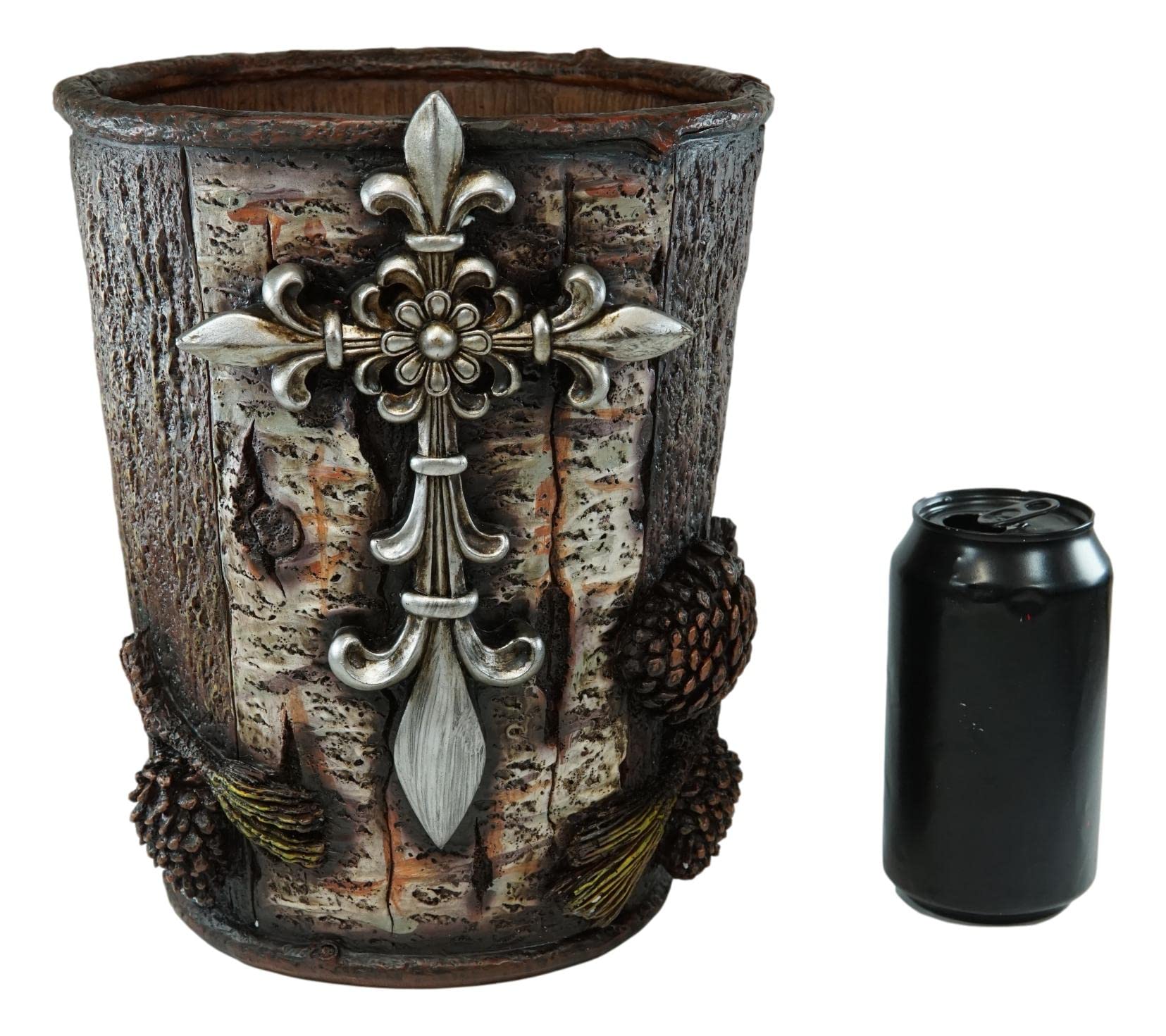 Ebros Gift Rustic Southwestern Inspirational Le Fleur Cross with Birch and Pinecones Bathroom Accessory Resin Sculpture Fleur De Lis Accent (Dry Waste Basket Trash Bin)