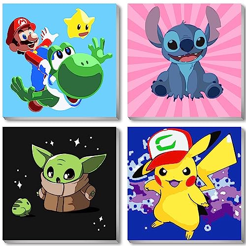 bleihum 4 Pack Paint by Number for Kids Ages 4-8 -12 Framed,Cartoon Paint by Numbers Kits for Kids,Color by Number for Kids, DIY Cartoon Oil Paint by Number for Kids(8x8inch)