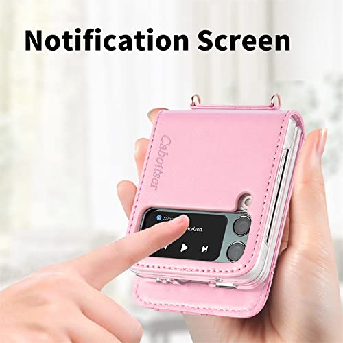 Cabottser Case for Samsung Galaxy Z Flip 3 / Z Flip 4 Wallet Phone Case Lanyard Crossbody, Pink Women Men Soft PU Leather Hard PC Adjustable Strap Card Slots Shockproof Flip Cover for Z Flip 3/4