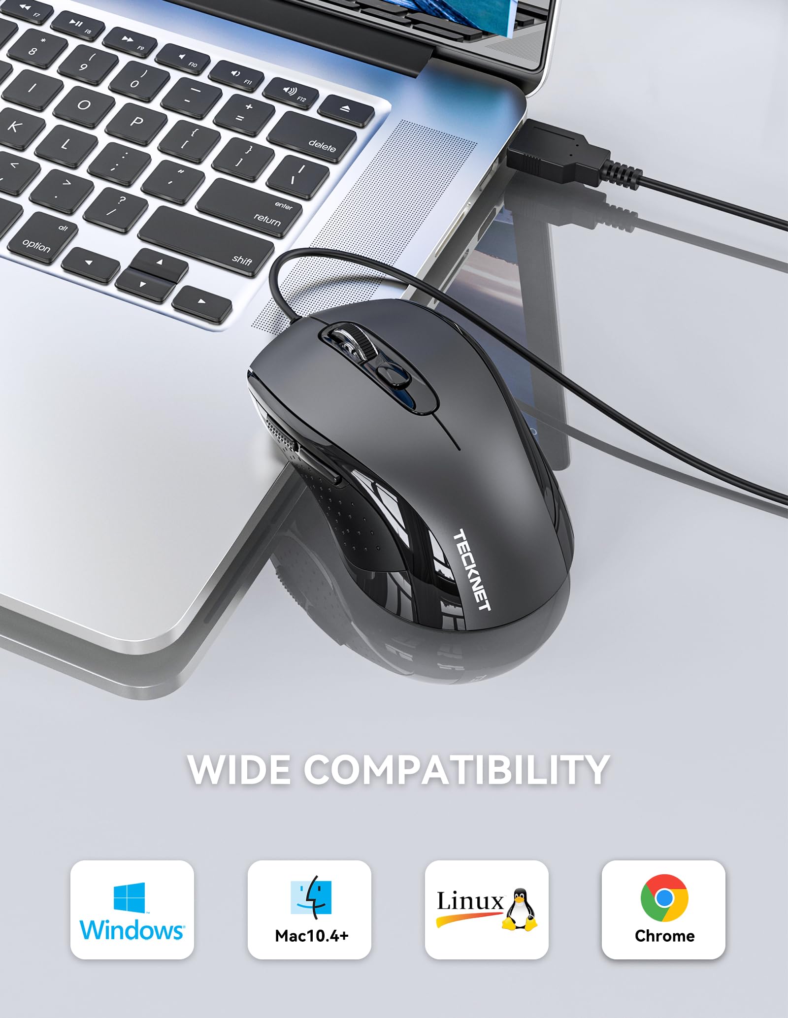 TECKNET Computer Wired Mouse, USB Mouse Wired for Laptop with 6-Button, 3600DPI Optical PC Wired Mouse, Home and Office 5FT USB-A Corded Comfortable Mouse, Plug & Play, NO Battery Required-Grey