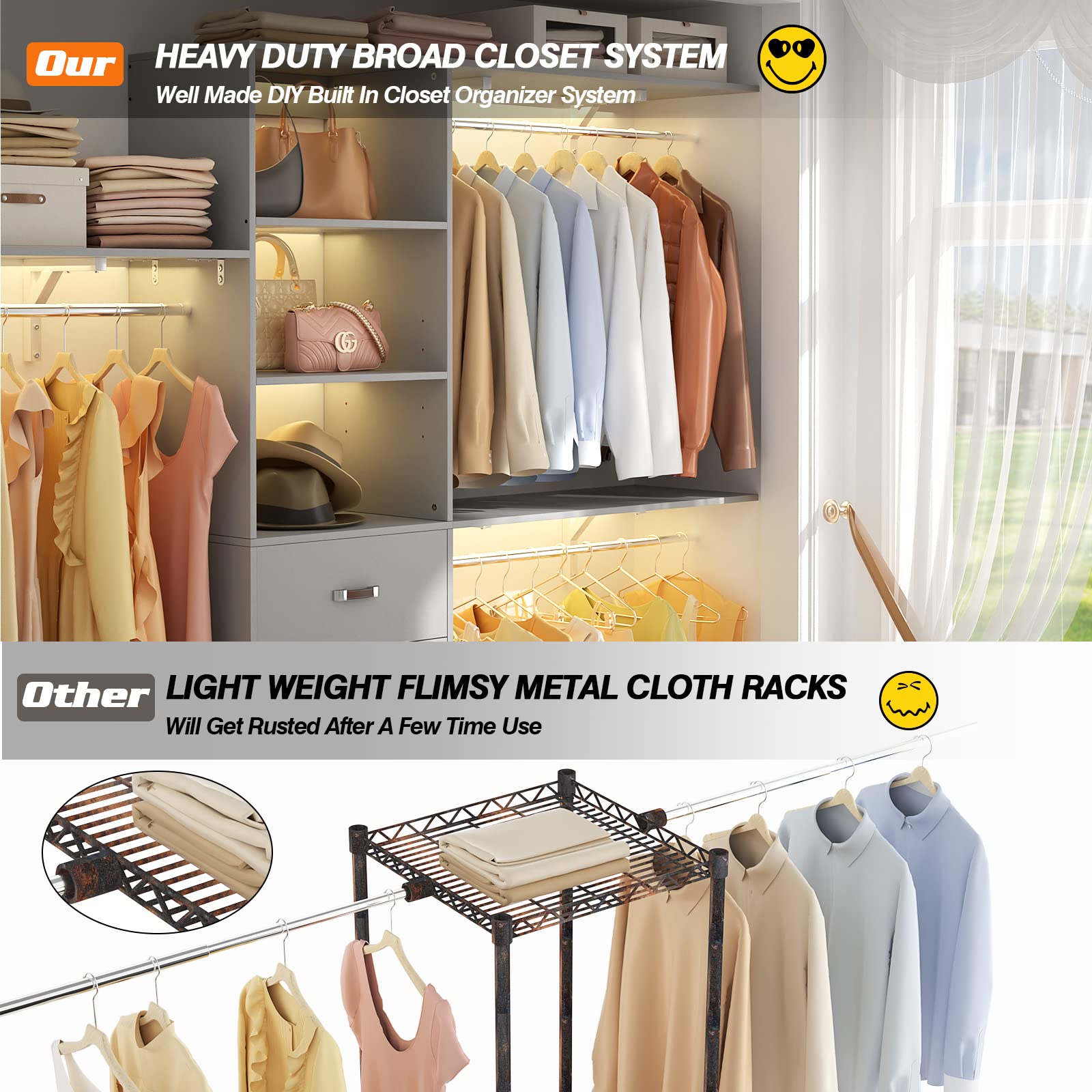 iSunirm 8FT Closet System, 96'' Closet Organizer System with 3 Hanging Rods, Wall Mount Bedroom Wardrobe with 3 Drawers Walk-in Closet, Adjustable Cloth Garment Rack from 5 to 8FT (Cut to Fit), Grey