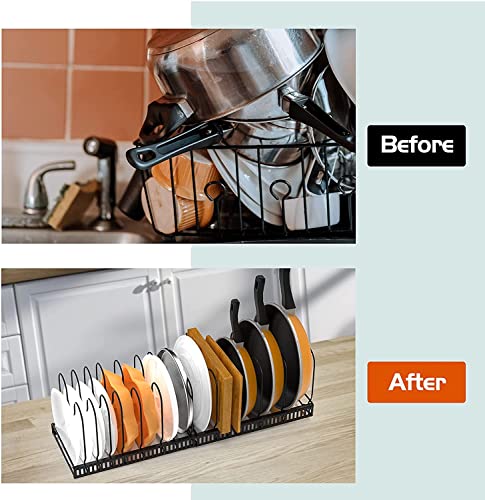 Daddynme Expandable Pot and Pan Organizers Rack, 10+ Pans and Pots Lid Organizer Rack Holder, Kitchen Cabinet Pantry Bakeware Organizer Rack Holder with 10 Adjustable Compartments