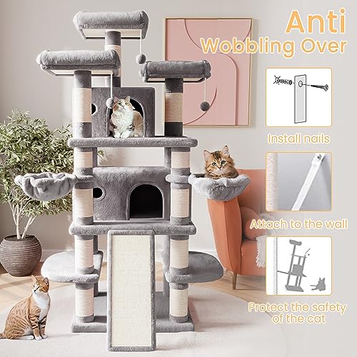 SHA CERLIN 68 Inches Multi-Level Large Cat Tree for Large Cats/Big Cat Tower with Cat Condo/Cozy Plush Cat Perches/Sisal Scratching Posts and Hammocks/Cat Activity Center Play House, Grey