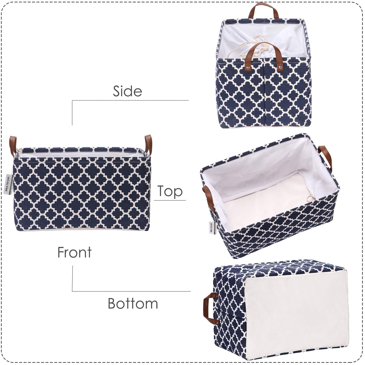 Sea Team Moroccan Lattice Pattern Canvas Fabric Storage Basket Collapsible Geometric Design Storage Bin with Drawstring Cover and PU Leather Handles, 16.5 by 11.8 inches, Waterproof Inner, Dark Blue