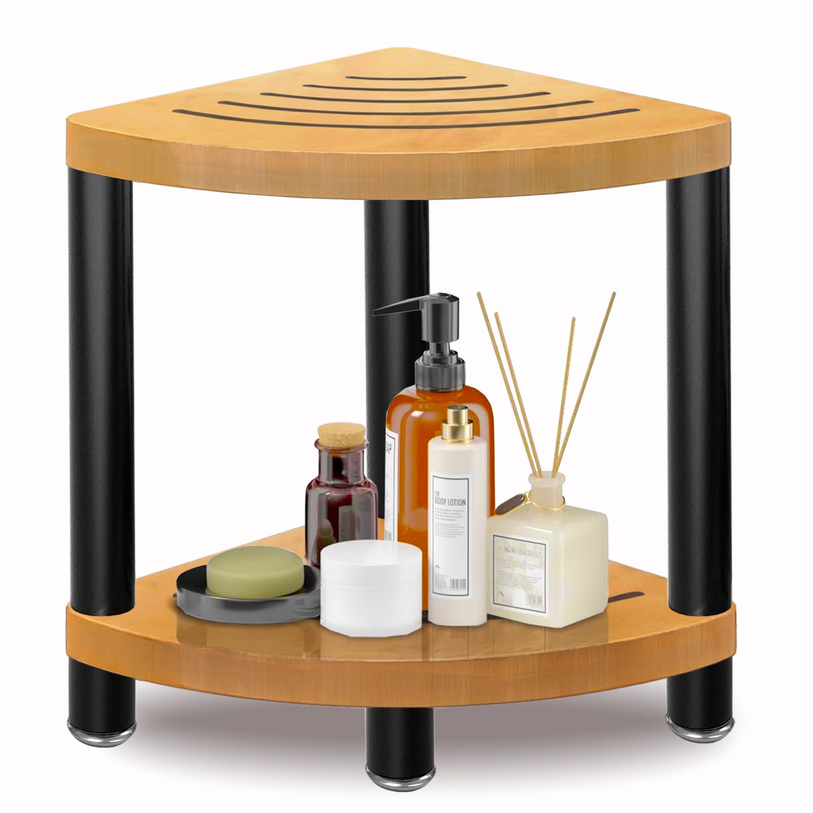 Corner Shower Bench with Storage Shelf,Waterproof Bamboo Corner Shower Stool for Shaving Legs,Sturdy and Non-Slip Shower Chair for Bathroom,Adjustable Feet Bath Step Easy Assemble Shower Seat (Black)