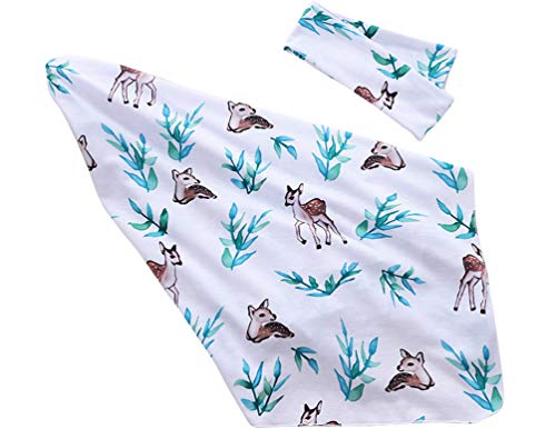 Newborn Girls Receiving Blanket Headband Set Flower Baby Swaddle Blankets Infant Warm … (0-6 Months, Deer)