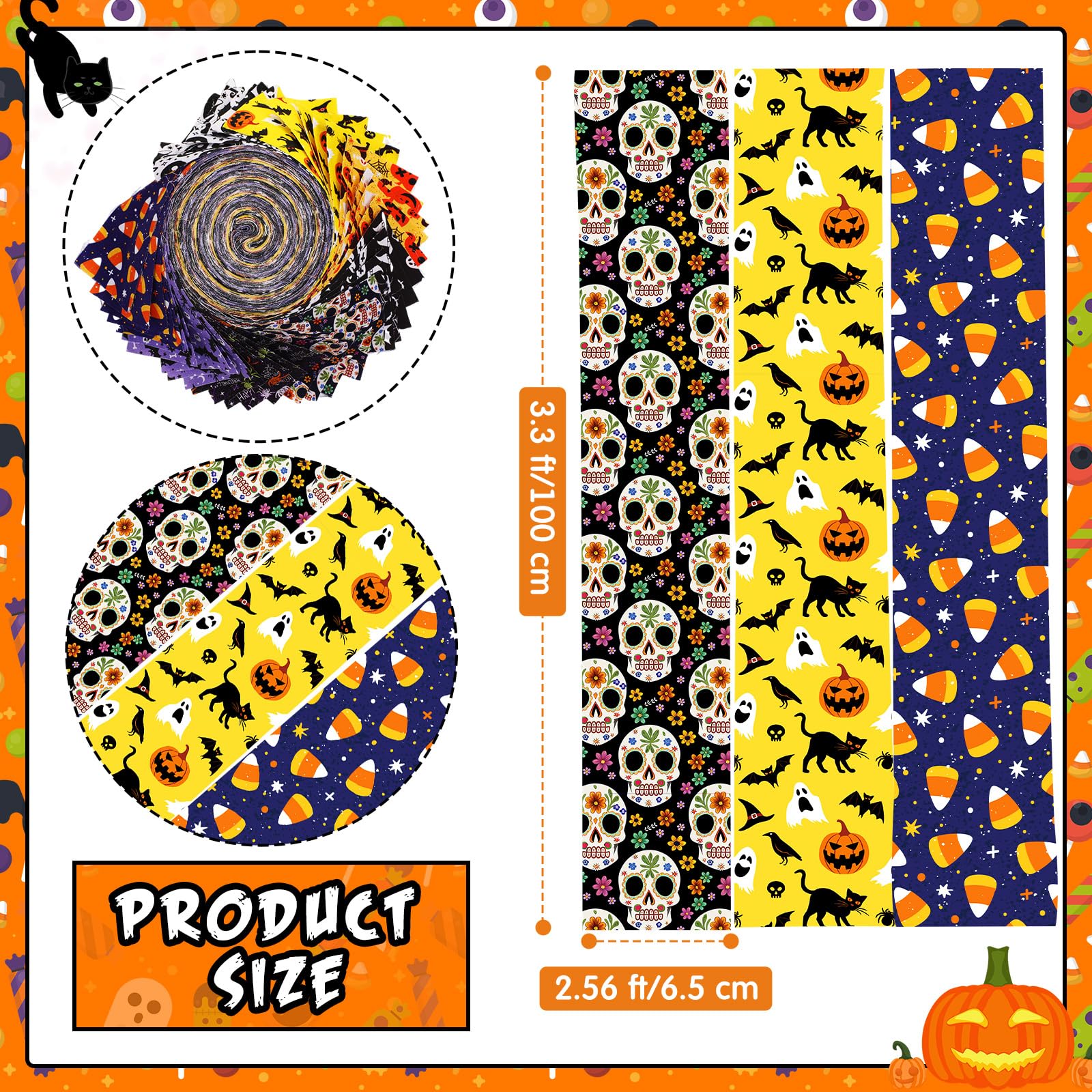 40 Pcs Halloween Cotton Jelly Fabric Roll 40 x 2.6 Inch Quilting Ghost Pumpkin Skull Candy Spider Bat Pre Cut Sewing Fabric Strips Jelly Fabric Roll for Halloween DIY Patchwork Decorations Supplies