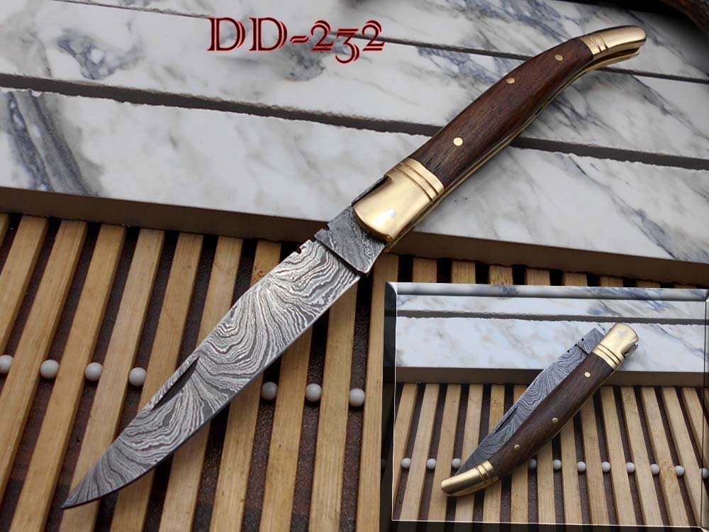 5 Pieces Laguiole Folding Damascus Steel Knife, Red, Blue, White, Black & Brown 5 Scale Colors with Brass Bolster. Cow Hide Leather Sheath Included