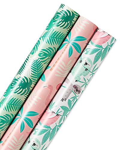 American Greetings Reversible Palms, Sloths, Flamingo Wrapping Paper for All Occasion, Green and Pink (3 Rolls, 120 sq. ft.)