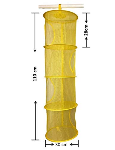 Goldenvalueable Hanging Mesh Space Saver Bags Organizer 4 Compartments Toy Storage Basket for Kids Room organization mesh hanging bag 2 Pcs Set, Blue and Yellow