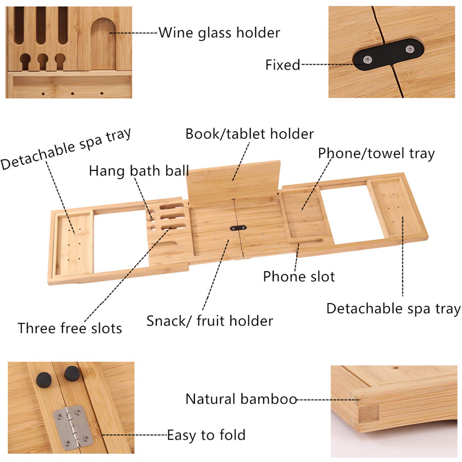 YCOCO Bathtub Tray,Expandable Bamboo Luxury Bath Tray for Tub,with Book Stand and Soap Dish,Tablet Holder,Wine Glass Slot