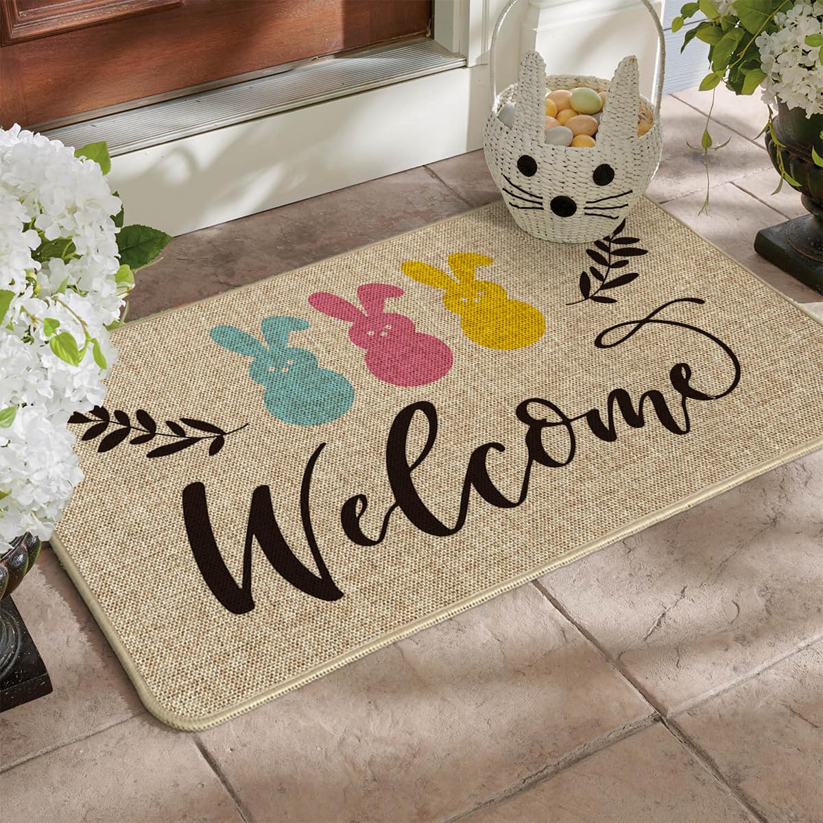 Artoid Mode Welcome Easter Rabbits Decorative Doormat, Seasonal Spring Easter Holiday Low-Profile Floor Mat Switch Mat for Indoor Outdoor 17 x 29 Inch