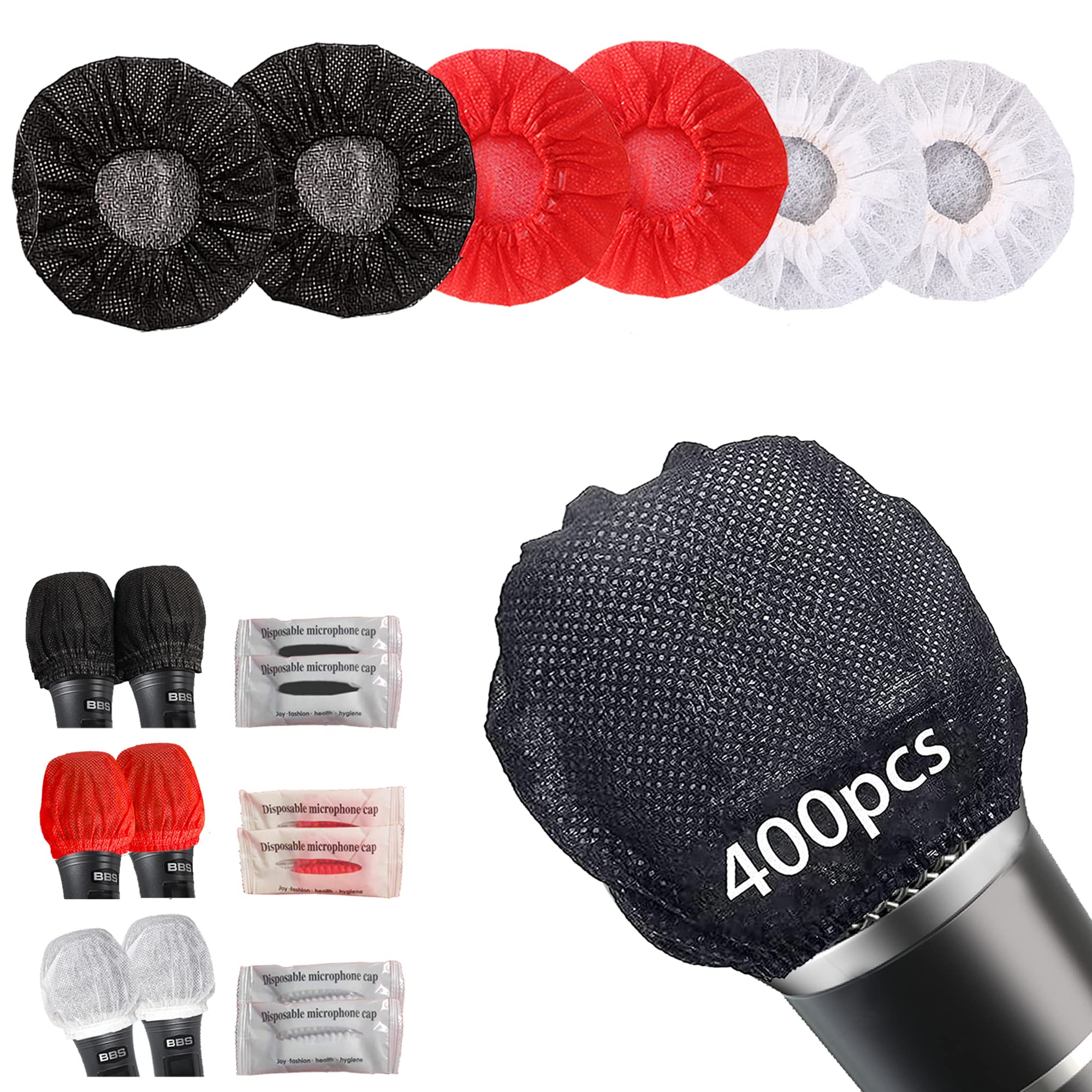 400pcs Microphone Cover Disposable,Mic Windscreen Non-Woven Handheld Mic Cover Black，white，red Pop Filter Individually Wrapped, 3.34in
