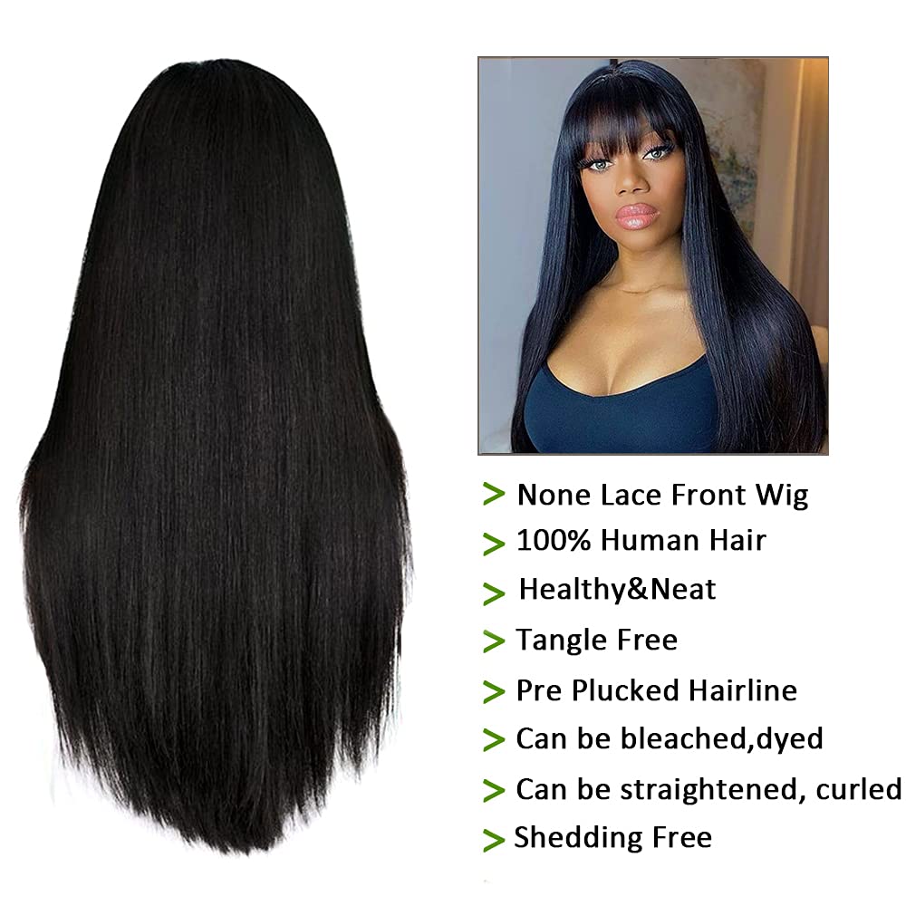 Lzlefho Silky Brazilian Virgin Straight Human Hair Wigs with Bangs 130% Density None Lace Front Wigs (Natural Black, 16inch)