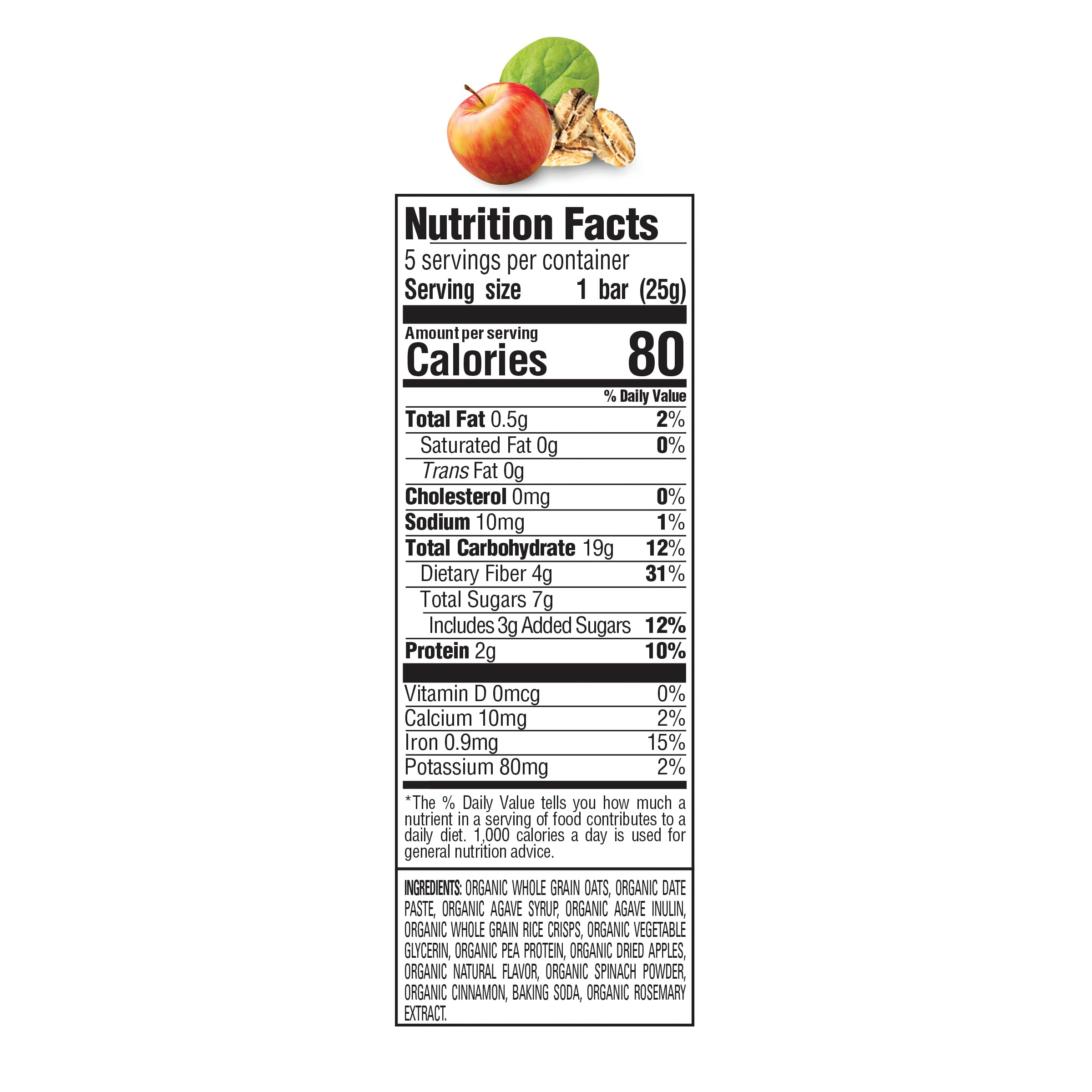 Happy Tot Organics Fiber & Protein Soft-Baked Oat Bars Toddler Snack Apple & Spinach, 0.88 Ounce Bars, 5 Count Box (Pack of 1)