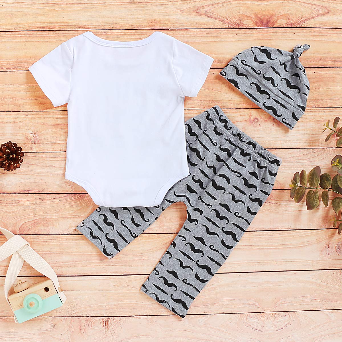 Happy Town 3Pcs Baby Boy Clothes Newborn Infant Bodysuit Summer Cotton Short Sleeve Romper +Pants+Hat Outfits Set (White#1, 0-6 Months)