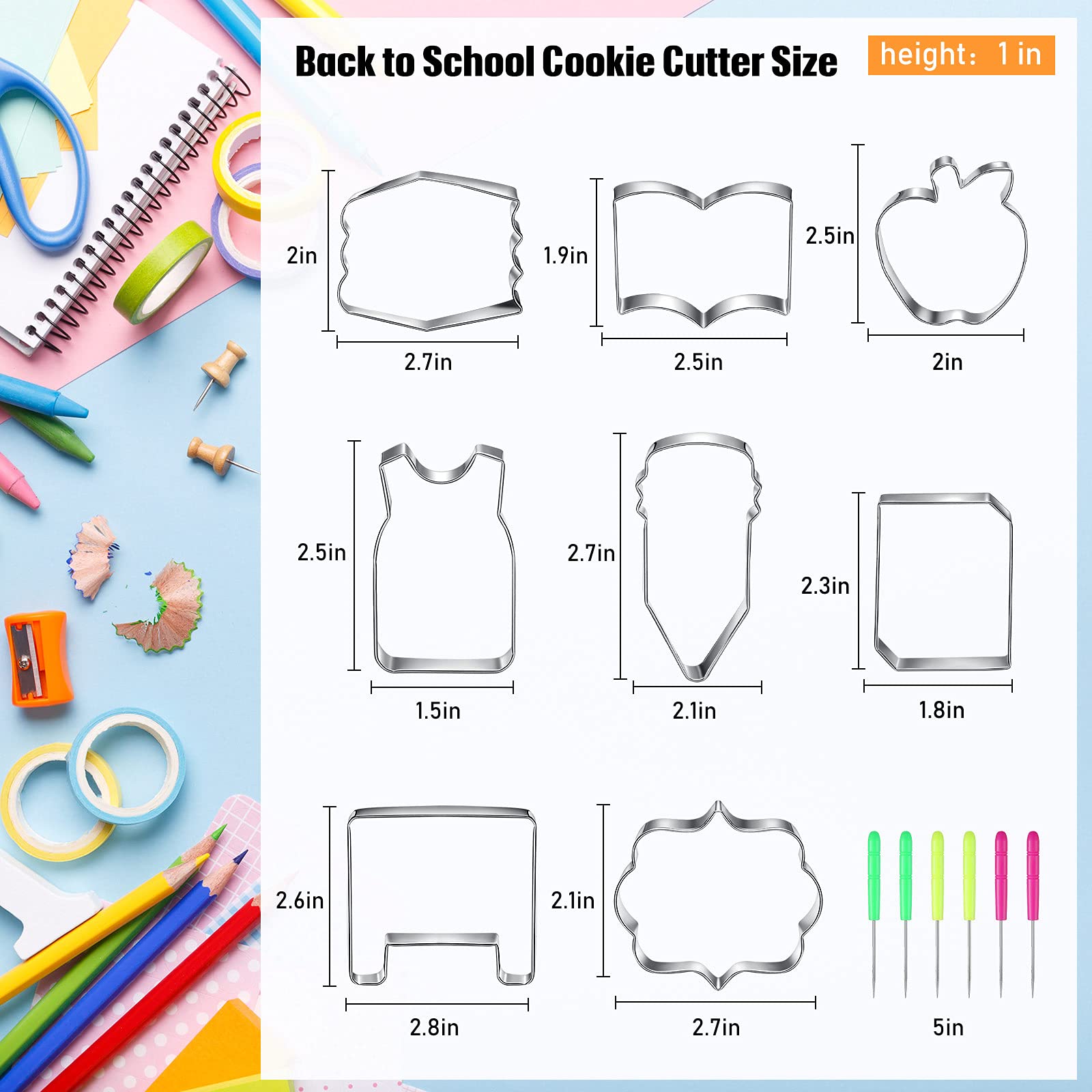 8 Piece Back to School Cookie Cutter Fondant Cutter Shapes Mini Plaque Frame Stainless Steel Biscuit Cutter and 6 Pieces Sugar Stir Needles Sugar Stirring Pins for Kitchen Baking