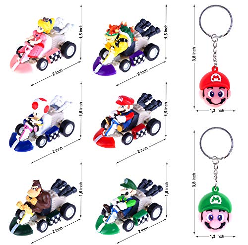 6pcs Mini Super Character Kart Pull Back Cars Cake Toppers Figures Toy Sets, Kids Birthday Party Cake Decoration Supplies and 2 pcs Keychains
