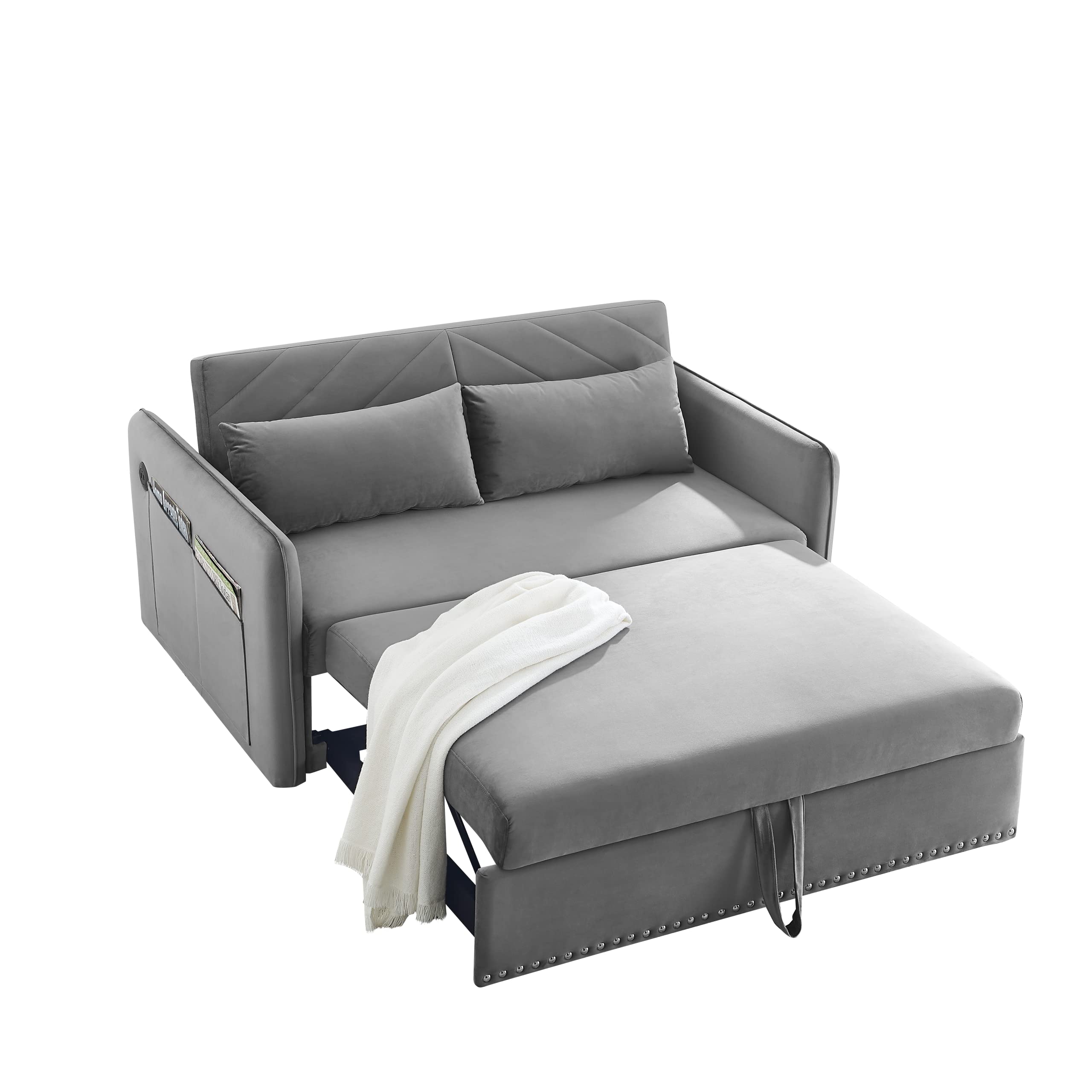 ERYE Functional 3 in 1 Sleeper Sofa Grid Backrest and USB Charging Ports,Modern Velvet Upholstered Convertible Loveseat Sofabed W/Pull Out Sleep Couch Bed & Nailhead Decor for Living Room, 55", Gray1