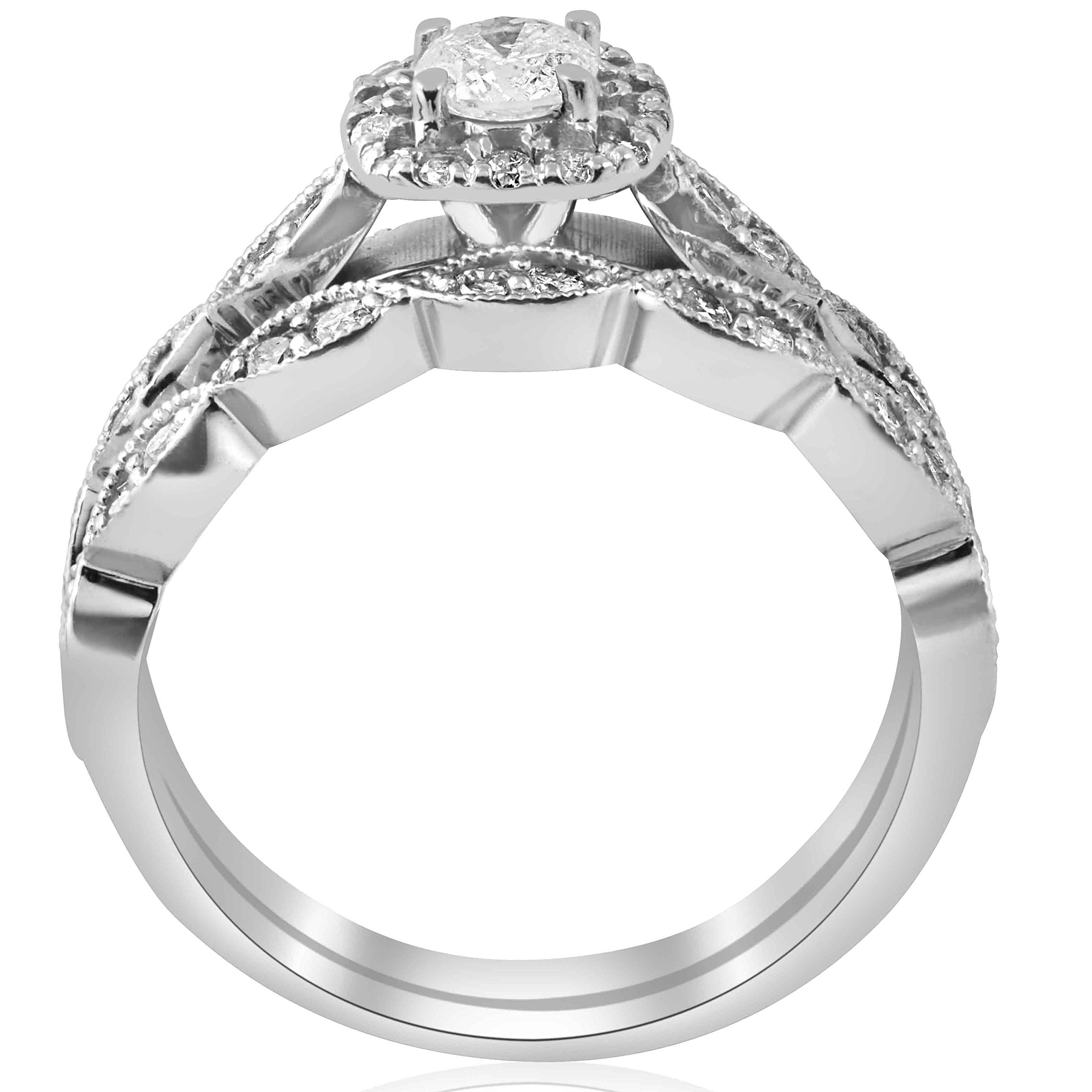 7/8 cttw Cushion Halo Diamond Engagement Wedding Ring Set 14k White Gold Vintage - Size 7.5