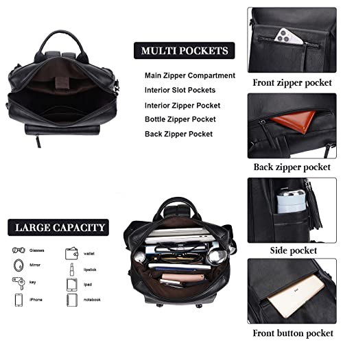 Caitina Backpack Purse for Women Leather Backpack Purse Travel Backpack Fashion Designer Ladies Shoulder Bags With Wristlets(Black)
