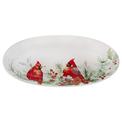 AuldHome Cardinal Ceramic Christmas Platter; Oval Holiday Serving Plate and Tray