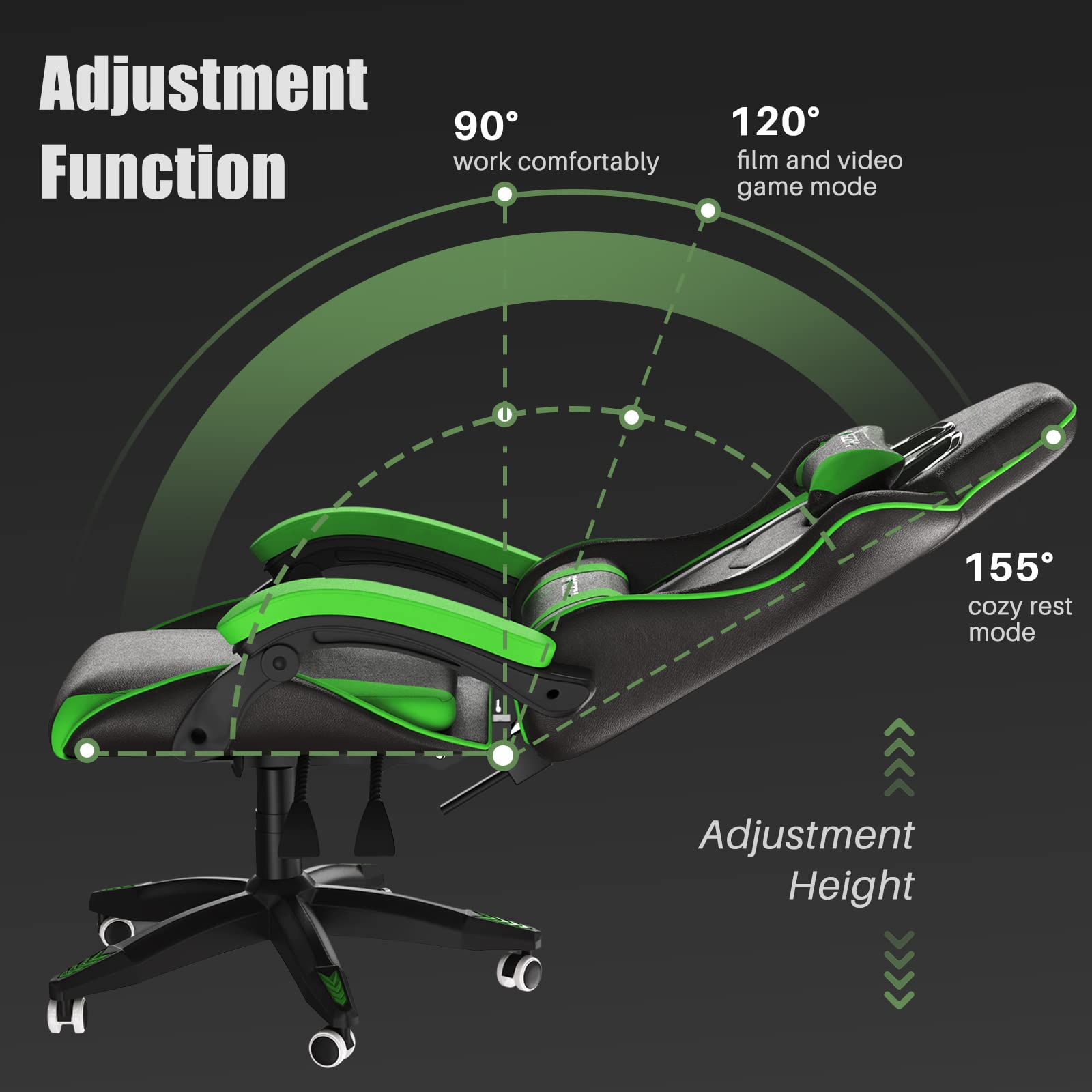 Bigzzia Gaming Chair, Ergonomic Video Game Chairs with Pillow and Lumbar Support, Racing Style Height Adjustable Computer Chair with 360°-Swivel Seat for Adults