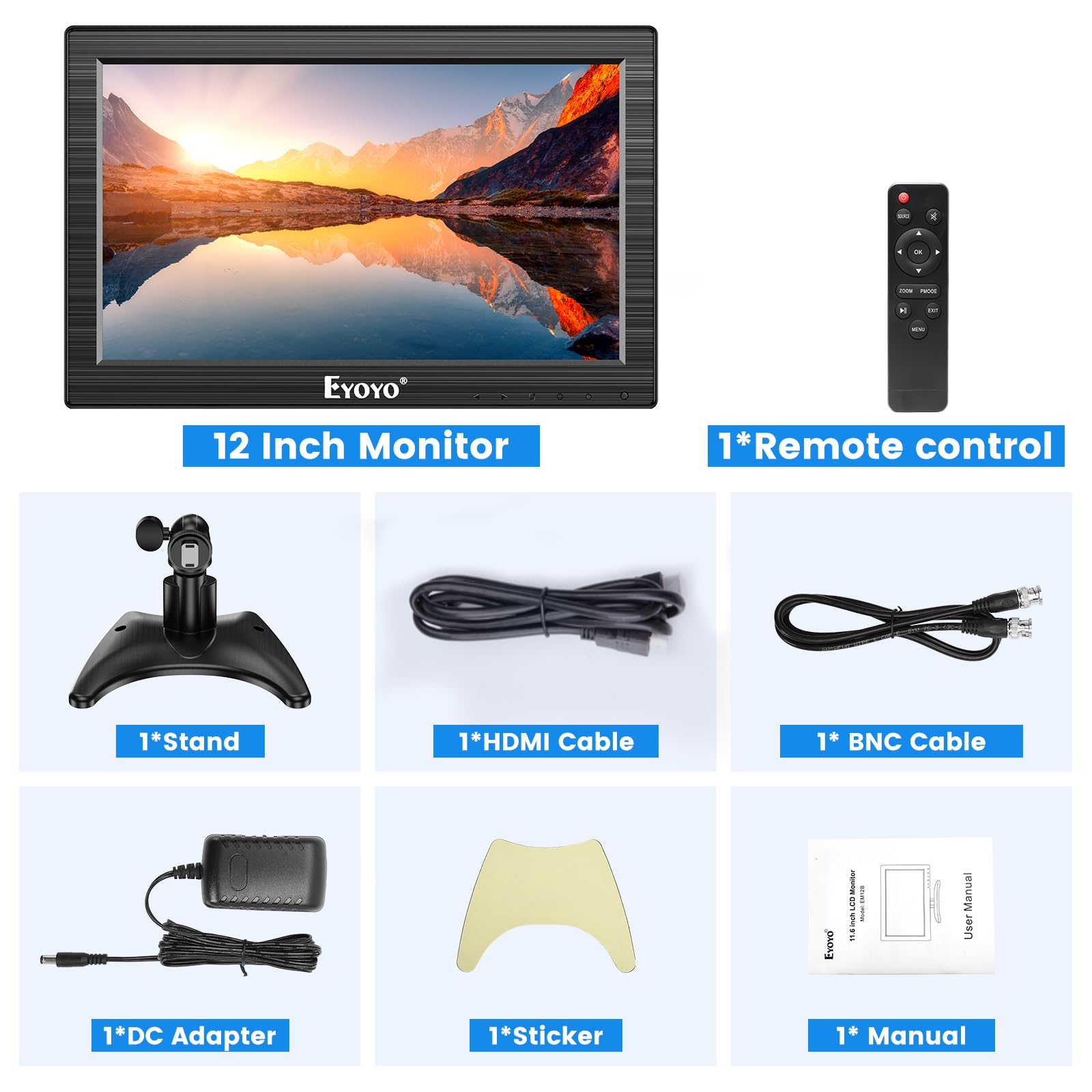 Eyoyo 12" Inch TFT LCD Monitor with AV HDMI BNC VGA Input 1366x768 Portable Mini HD Color Screen Display with Built-in Speaker