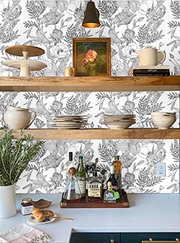 Blooming Wall Black White Elegant Modern Lotus Lily Leaf Peel and Stick Wallpaper Self-Adhesive Prepasted Wallpaper Wall Mural Wall Decor (17.7βx118β, Black/White)