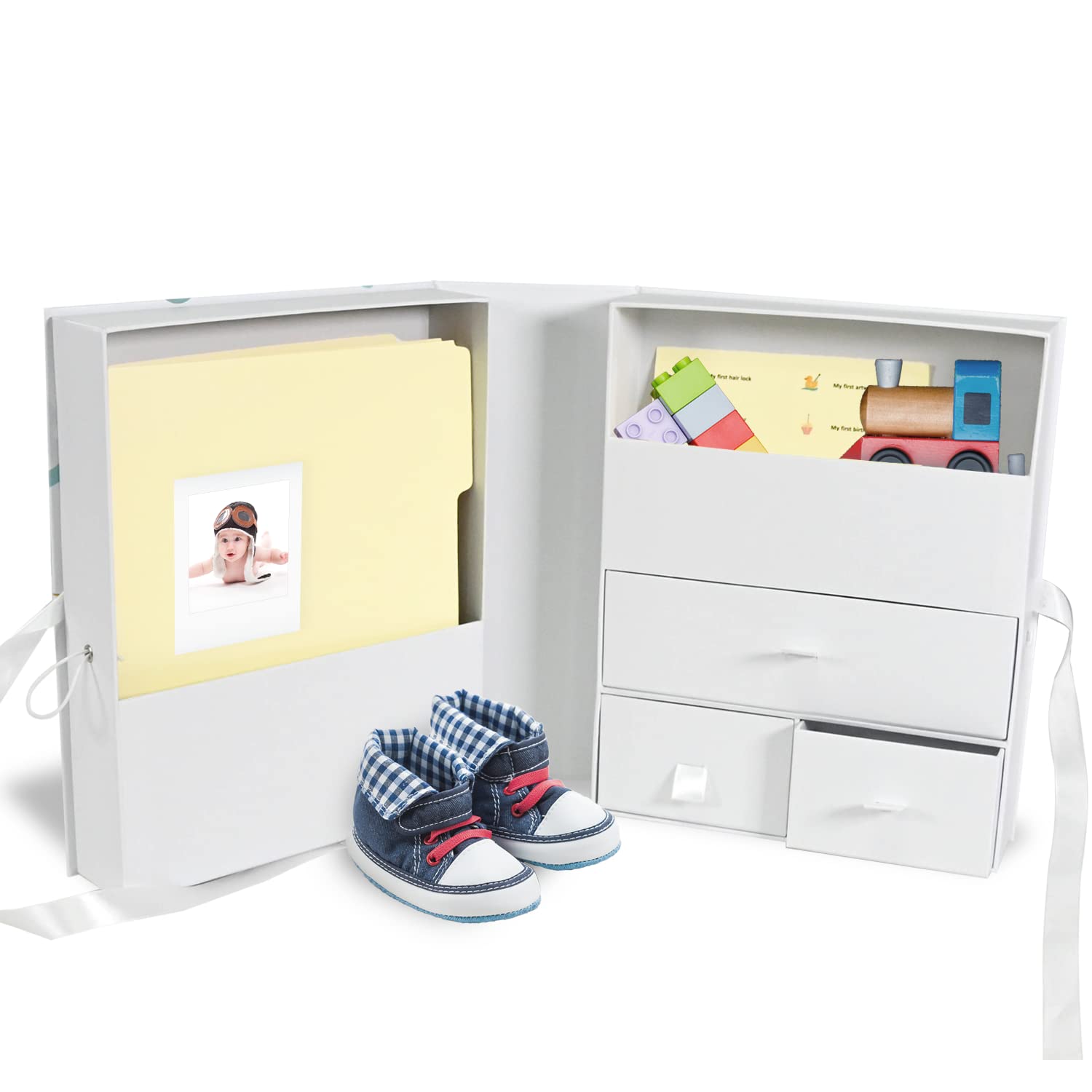 Baby Keepsake Box - Elegant Baby Box with Drawers, Paper File Storage, Cute Stickers, and Additional Compartments, Memory Box for Keepsakes