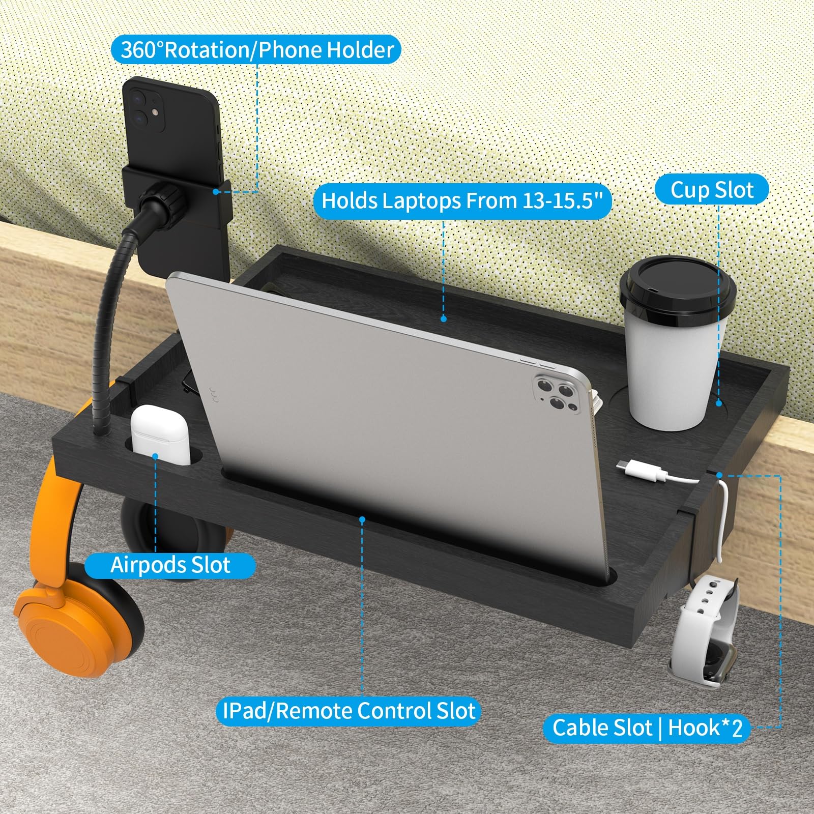 GRDNON Bedside Shelf with Phone Holder for Bed, Bamboo Bed Shelf Organizer for Top Bunk, Clip on Nightstand for College Dorm Loft Bed, Bedside Shelf Tray for Kids, Built Earphones & Tablet Slot