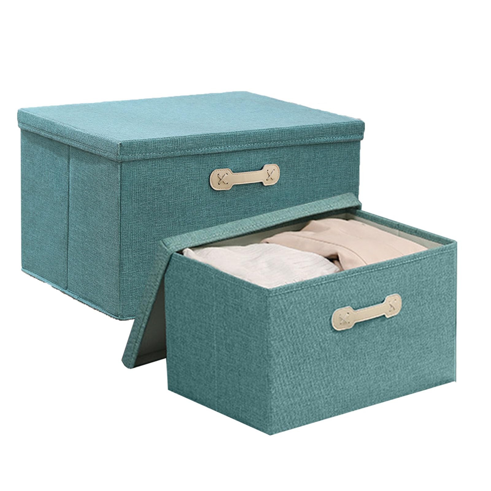 Foldable Cotton Linen Storage Baskets Bins with Lids, Leather Handheld Clothes Storage Box Fabric Storage Box,Toys,Clothes Organiser for Closet Home Bedroom Office Nursery,2pack (Morandi green)