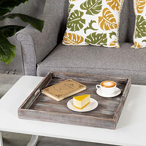 MyGift Torched Wood Large Serving Tray with Handles, 19 Inch Square Decorative Tray for Ottoman, Breakfast, Tea, Coffee Table