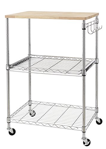 Finnhomy 3-Tier Wire Rolling Kitchen Cart, Food Service Cart, Microwave Stand, Oak Cutting Board and Chrome