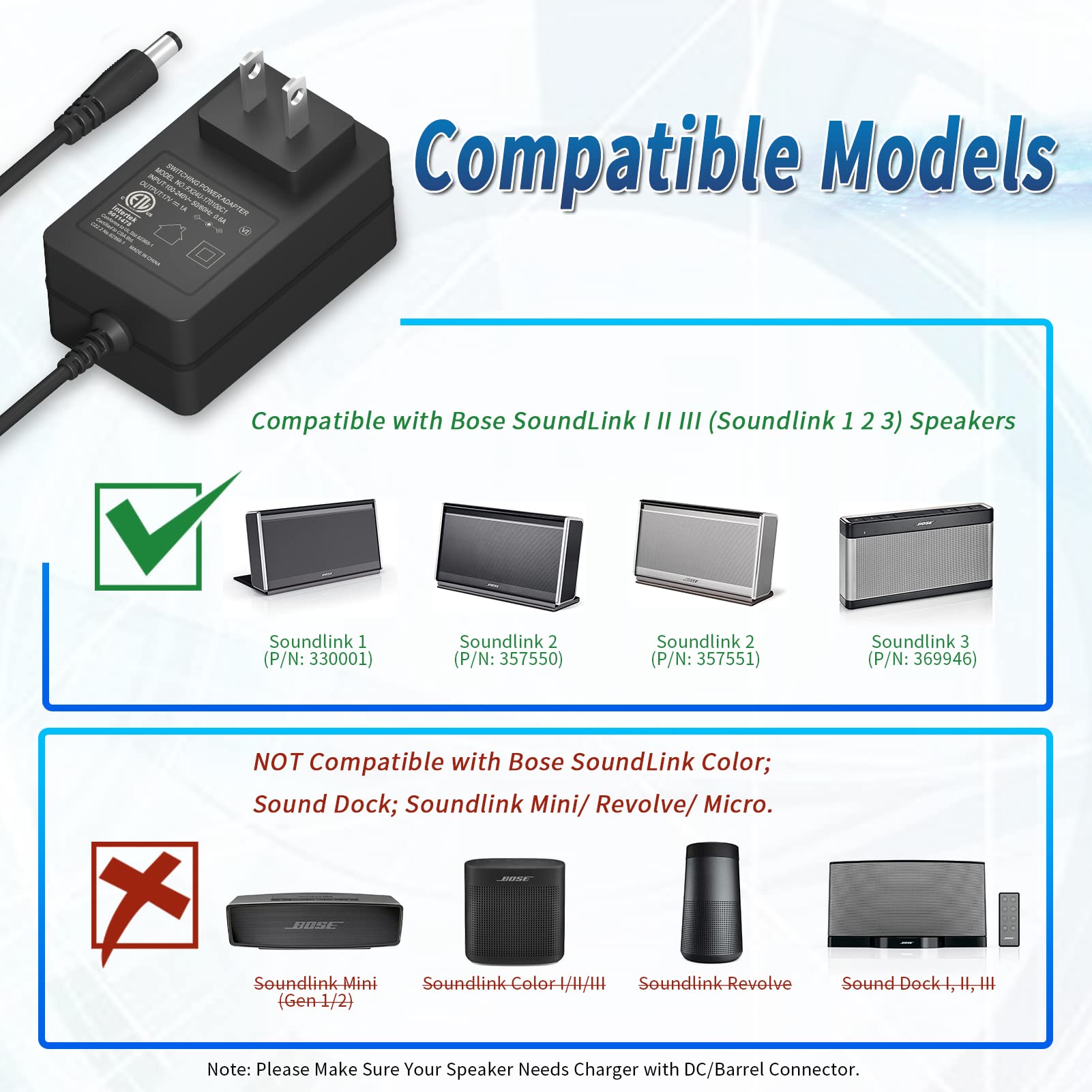TPLTECH 17V AC/DC Power Charger for Bose Soundlink 3 2 1 Bluetooth Wireless Speaker III/II/I,369946-1300/357551-1300/330001/357550 Bose Soundlink Speaker Charger with 6.6 Ft Charging Cable