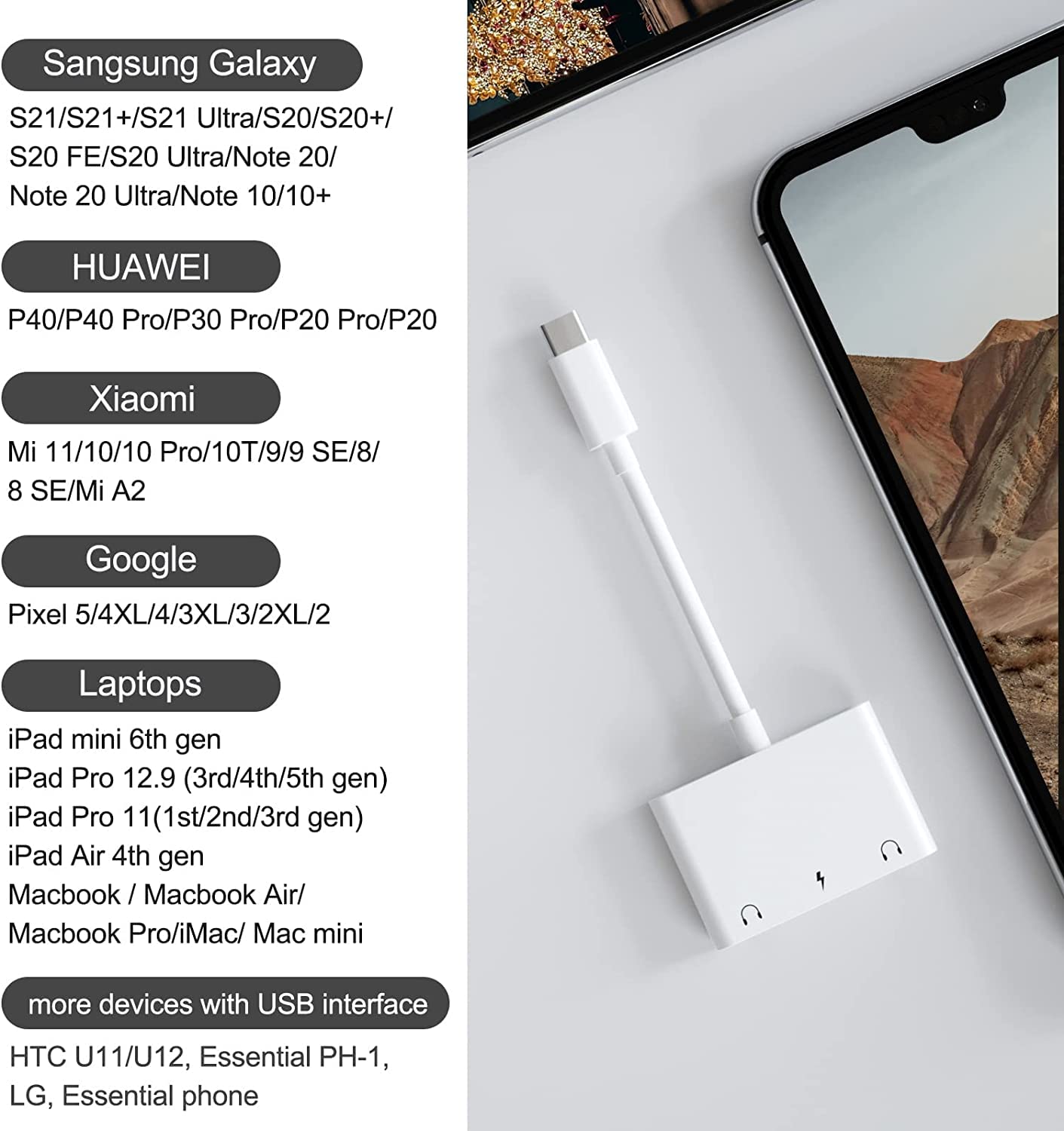 USB C to 3.5mm Headphone Adapter,3 in 1 Dual Headphone Audio Jack Splitter with PD Fast Charging Port for Samsung Galaxy S22 S21 S20 S10 S9,2018 iPad Pro,Google Pixel 4,HTC,Huawei etc (White)