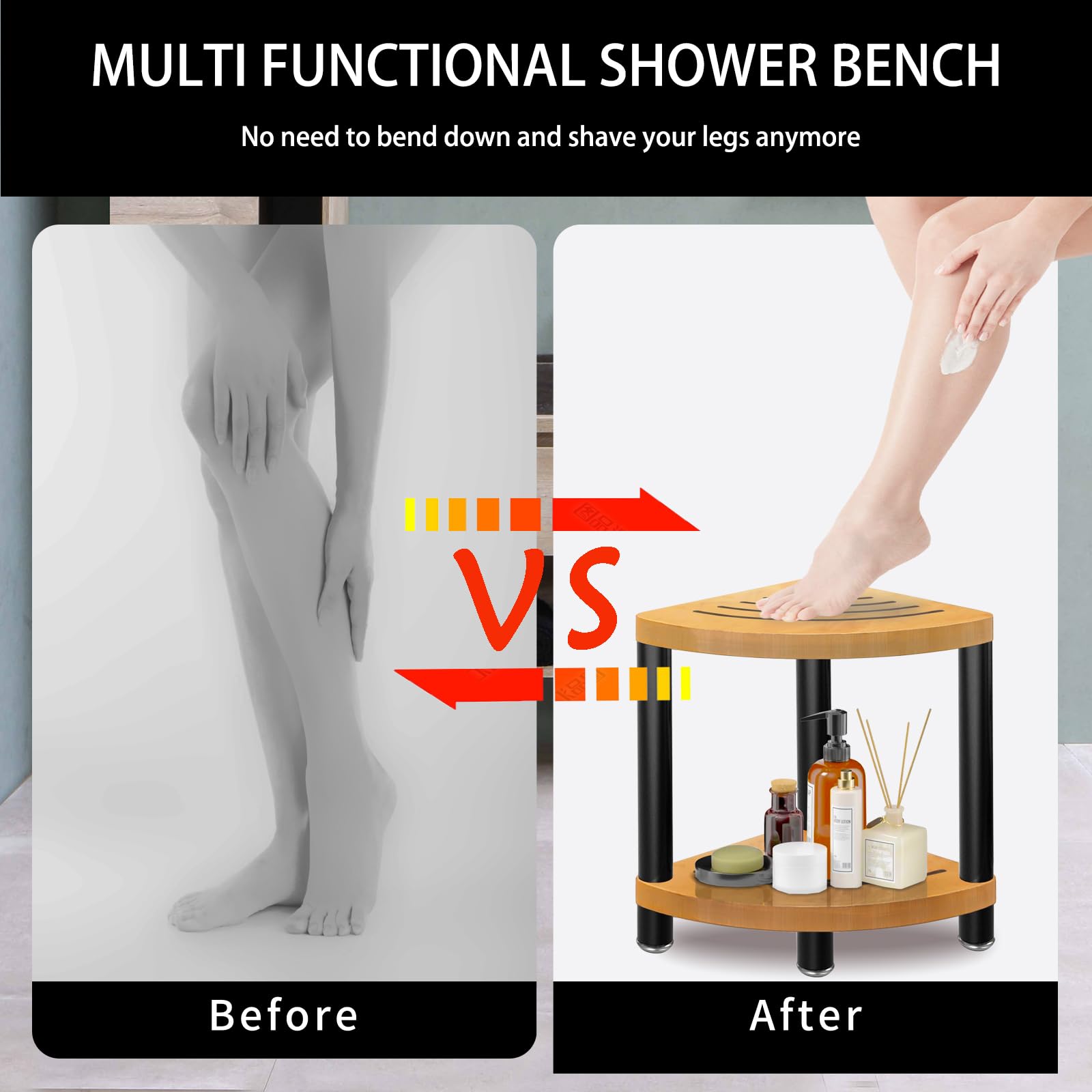 Corner Shower Bench with Storage Shelf,Waterproof Bamboo Corner Shower Stool for Shaving Legs,Sturdy and Non-Slip Shower Chair for Bathroom,Adjustable Feet Bath Step Easy Assemble Shower Seat (Black)