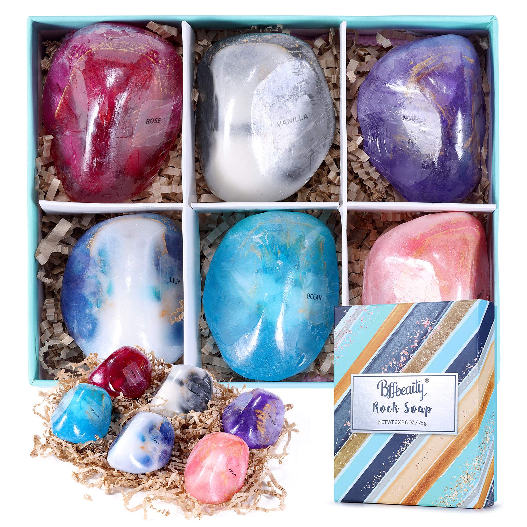 Soap Bar Set - BFF BEAUTY 6pcs Hand Face Body Bar Soap Birthday Gift Set for Women Set, Perfect Gemstone Soap Rocks Set for Women & Men Moisturizing Skin