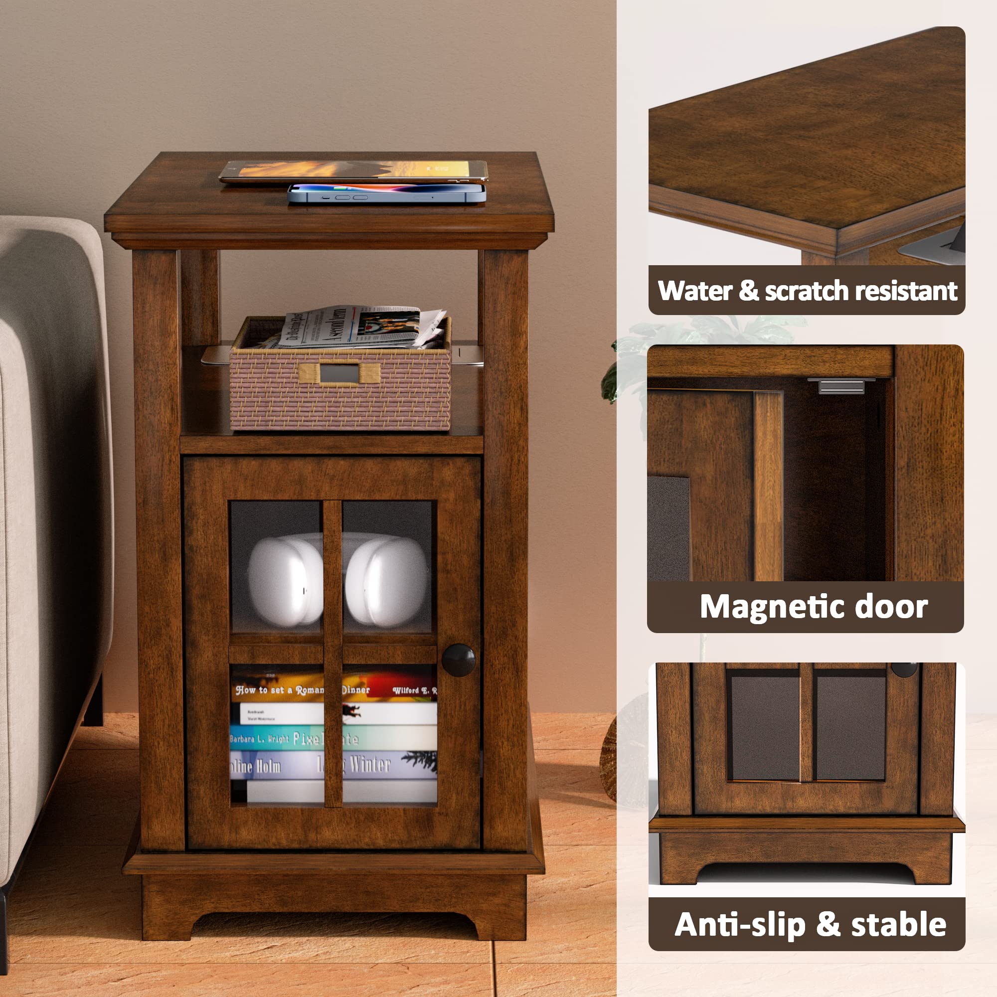 HIFYOBRO End Table with Hidden Charging Station, Narrow Side Table with Storage, Nightstand for Small Spaces with USB Ports & Power Outlets Bedside Table-Cherry